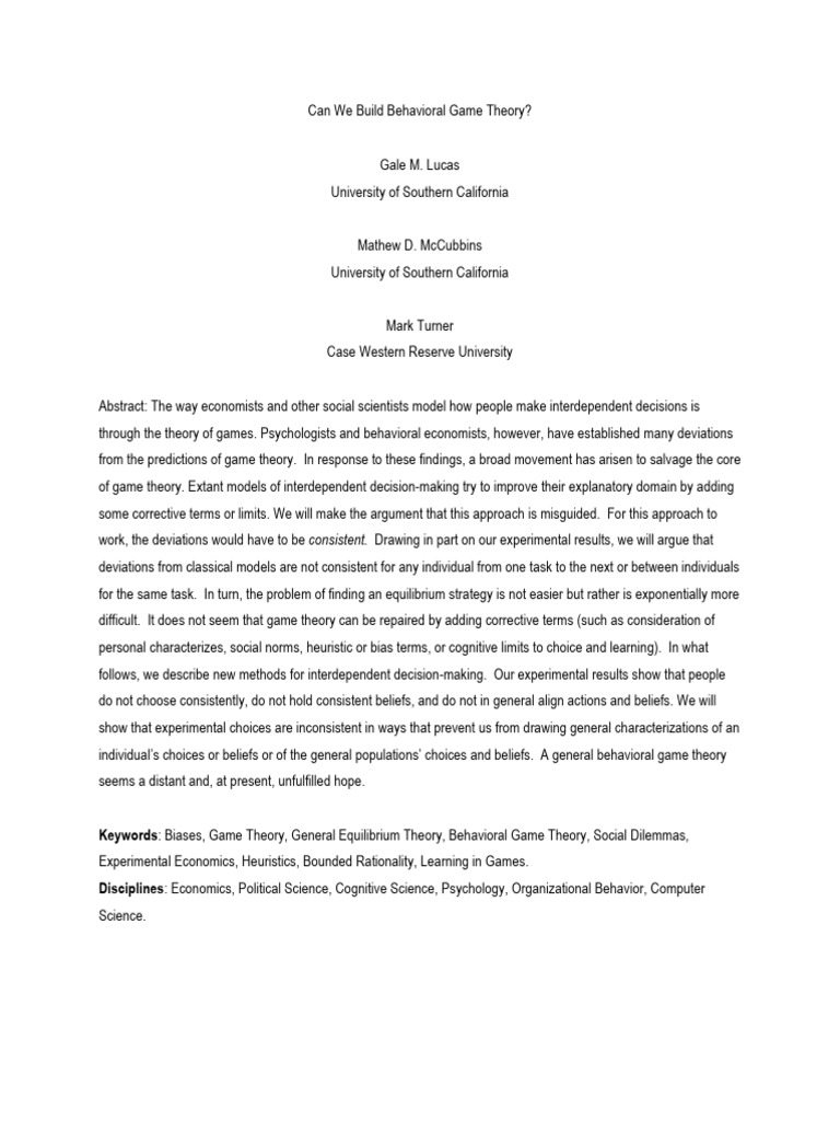 Can We Build Behavioral Game Theory? | PDF | Game Theory | Gaming Can We Build Behavioral Game Theory? | PDF | Game Theory | Gaming