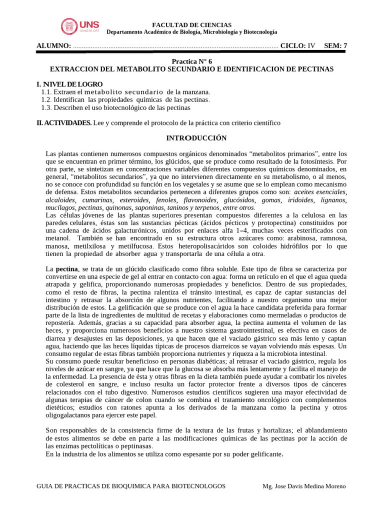 p6 Bioca 24 Extraccion Del Metabolito Secundario e Identificacion de Pectinas | PDF | Heces ...