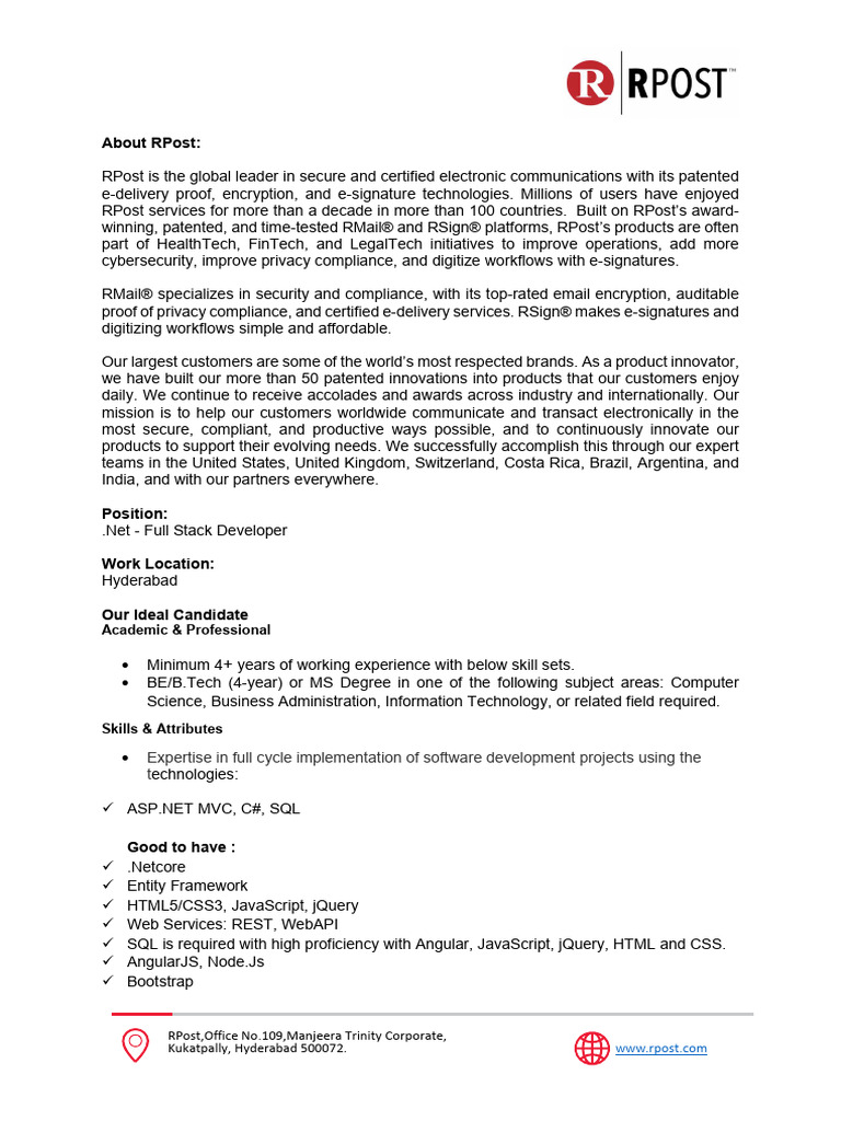 Net Fullstack Developer JD RPost | PDF | J Query | Computing