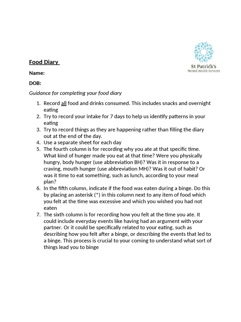 Food Diary 7 day for binge eating (025) | PDF