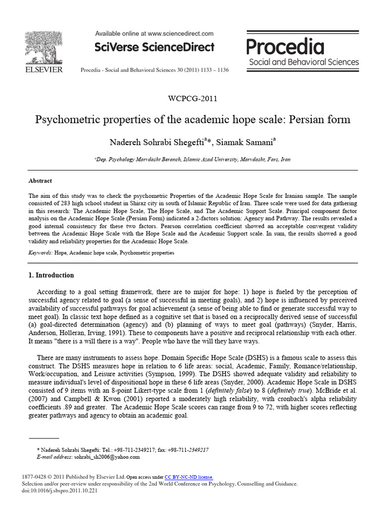 Psychometric Properties of The Academic Hope Scale | PDF ...