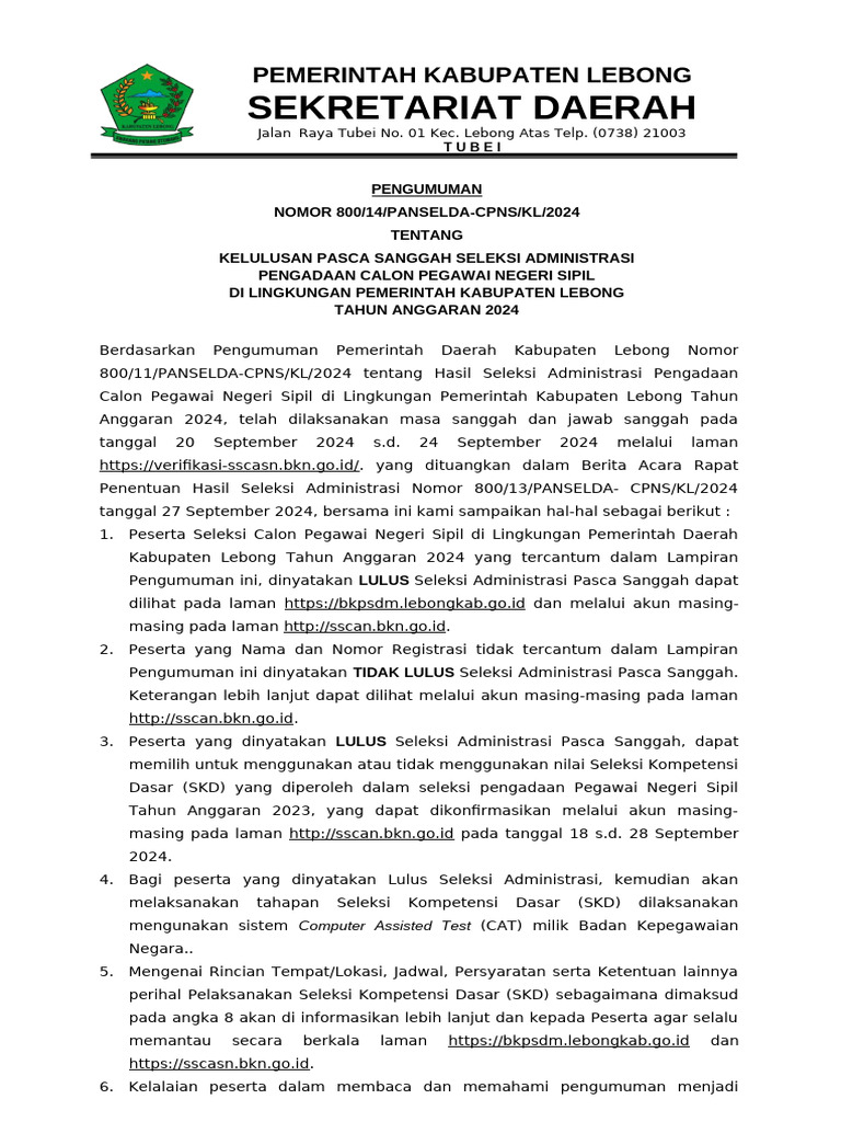 Pengumuman Seleksi Administrasi Pasca Sanggah Cpns 2024 | PDF