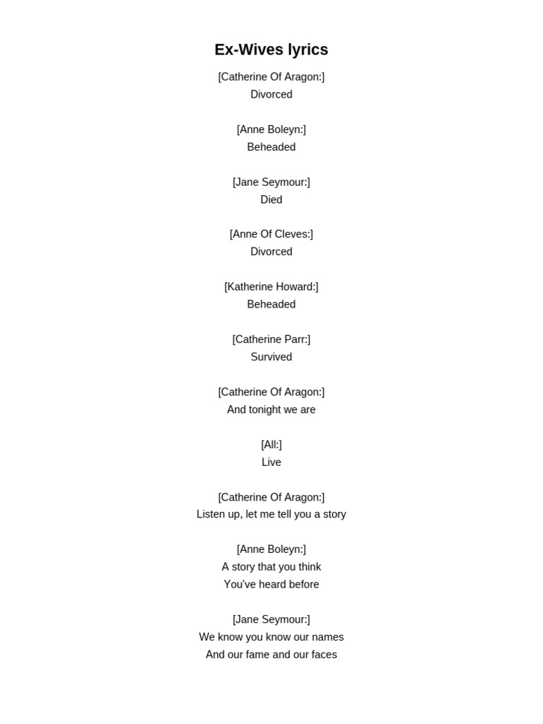Ex Wives The Six Musical Lyrics Pdf House Of Tudor