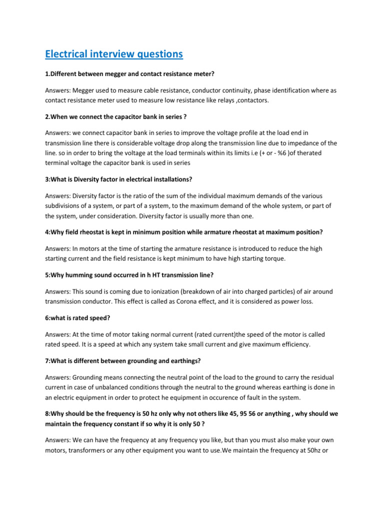 Electrical Interview Questions Answers | PDF | Direct Current ...