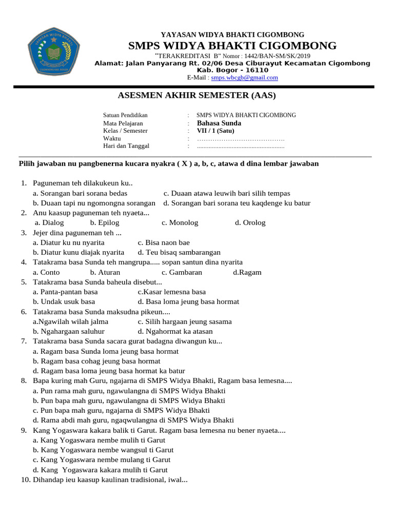 Soal Pas B Sunda KL 7 SMT 1 2022 | PDF