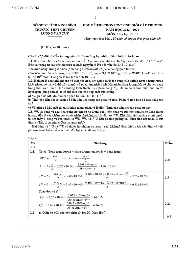 HDC HSG Hoá 10 - LVT | PDF