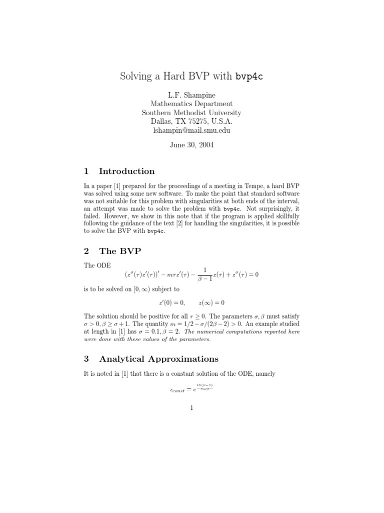 Solving Singular BVPs with bvp4c | PDF | Ordinary Differential Equation ...