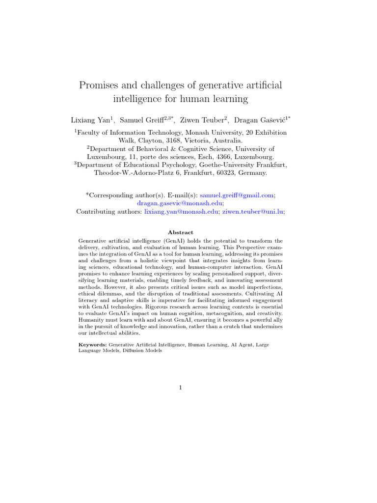 2024 Promises And Challenges Of Generative Ai For Human Learning Pdf