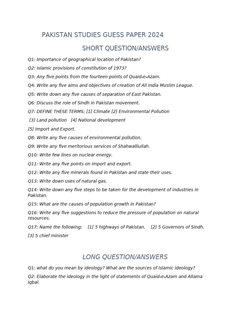 Guess Paper PST | PDF | Pakistan | Muhammad Ali Jinnah