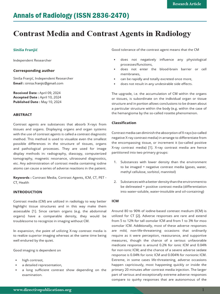 Contrast Agents in Radiology Explained | PDF | Ct Scan | Radiology
