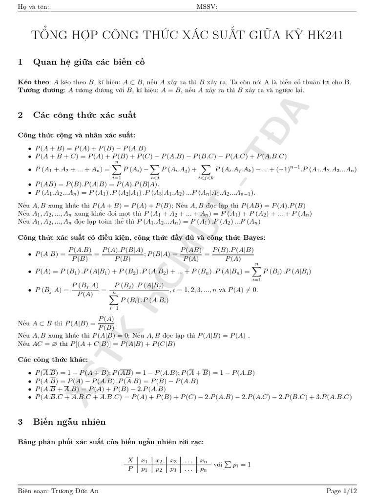 Tong Hop Cong Thuc Giua Ky Ban 1 | PDF