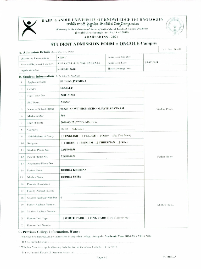 Student Admission Form - RGUKT Ongole | PDF