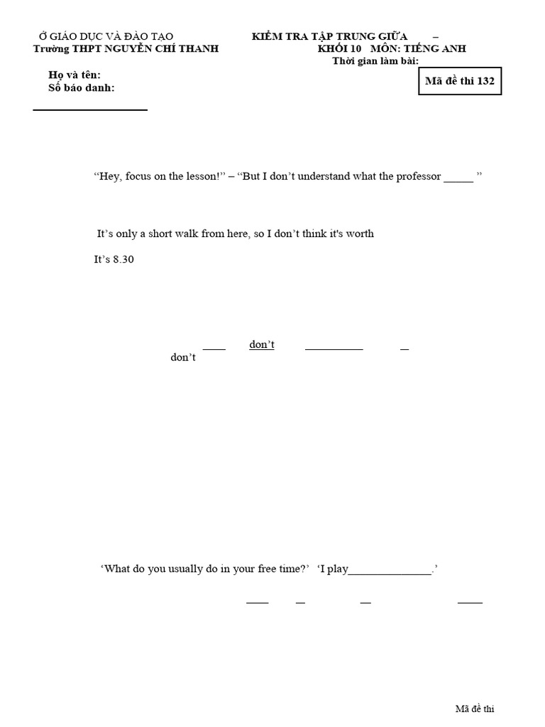 De Kiem Tra Giua hk1 Tieng Anh 10 Nam 2019 2020 Truong Nguyen Chi Thanh TP HCM | PDF