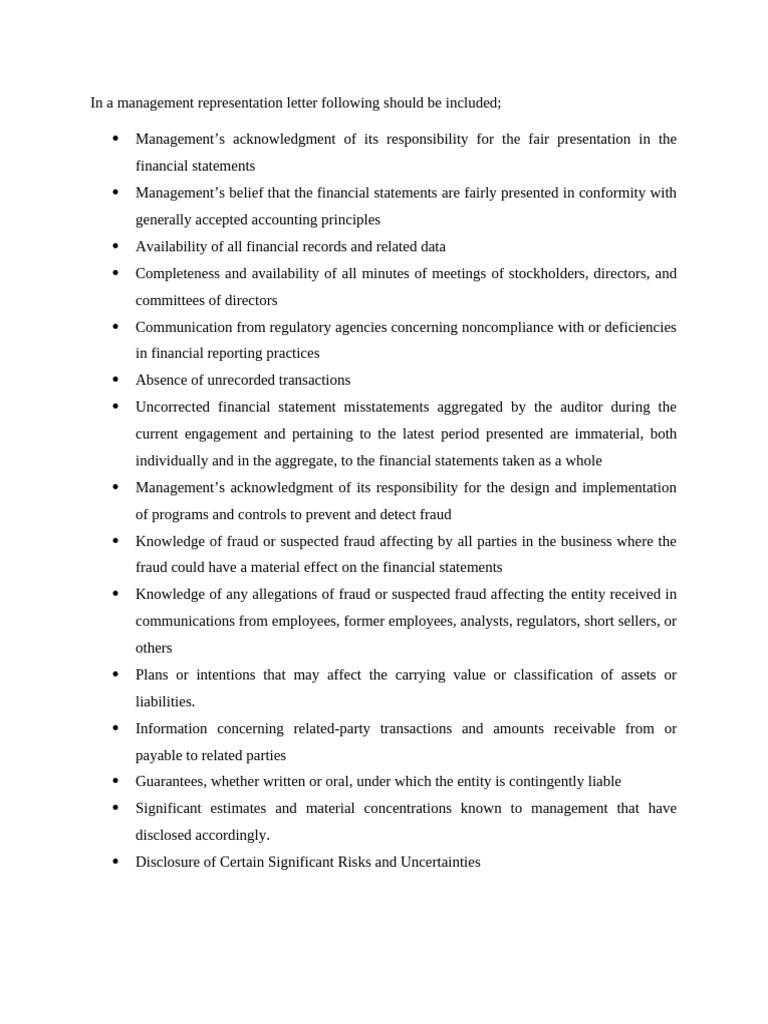 Key Elements of Management Representation Letter | PDF | Financial ...