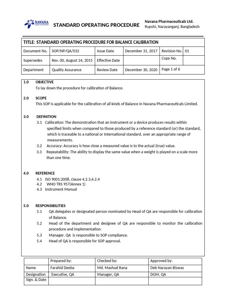 SOP For Balance Calibration | PDF | Calibration | Weight