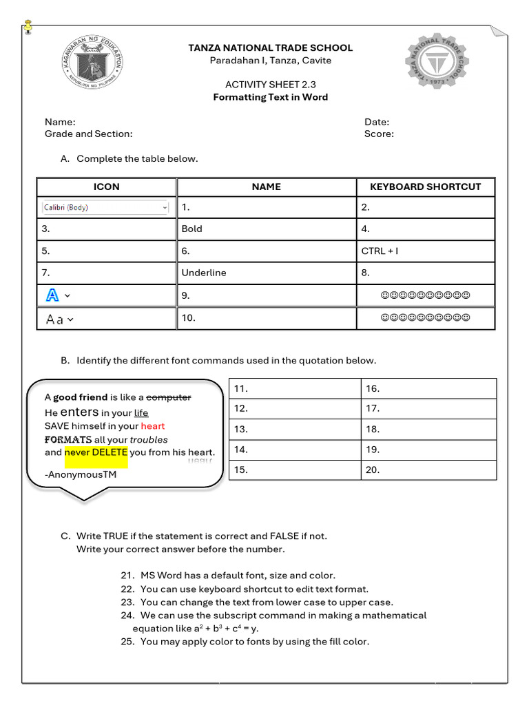 ACTIVITY SHEET 2.3 Formatting Text | PDF