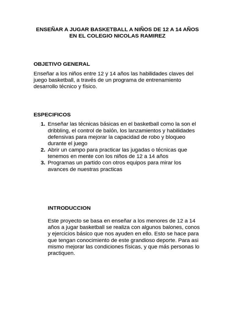 Proyecto Enseñar A Jugar Basketball A Niños de 12 A 14 Años en El ...