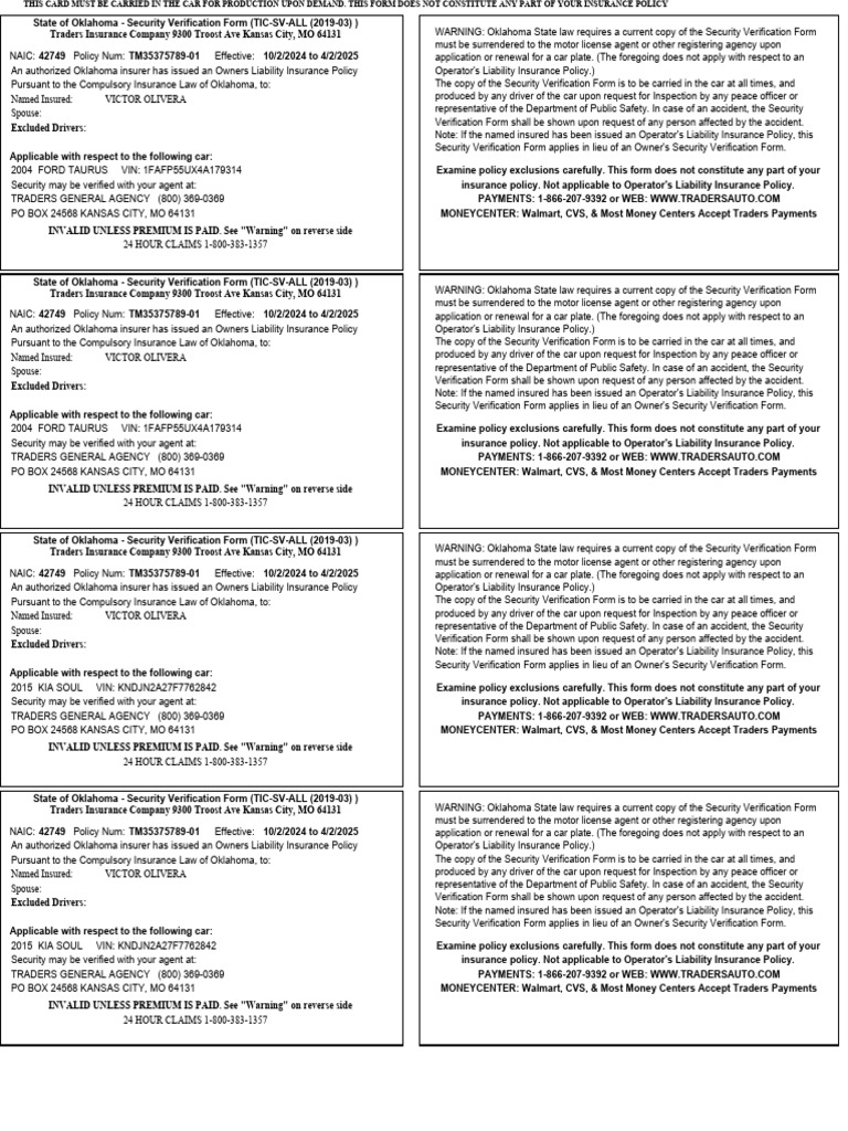 Oklahoma Security Verification Form | PDF | Insurance | Liability Insurance