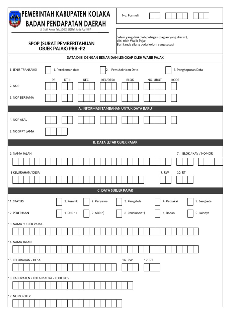 Formulir SPOP PBB-P2 Wajib Pajak | PDF