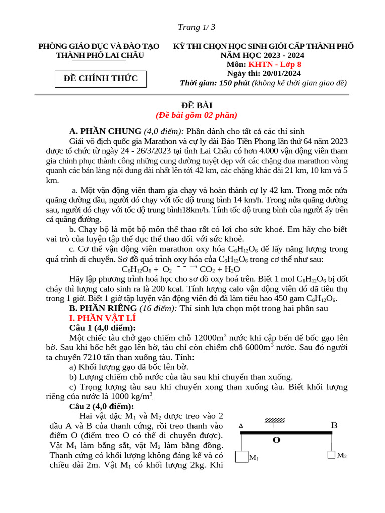 Đề Gộp HSG KHTN 8 - TP Lai Châu 2024 (Gộp) | PDF