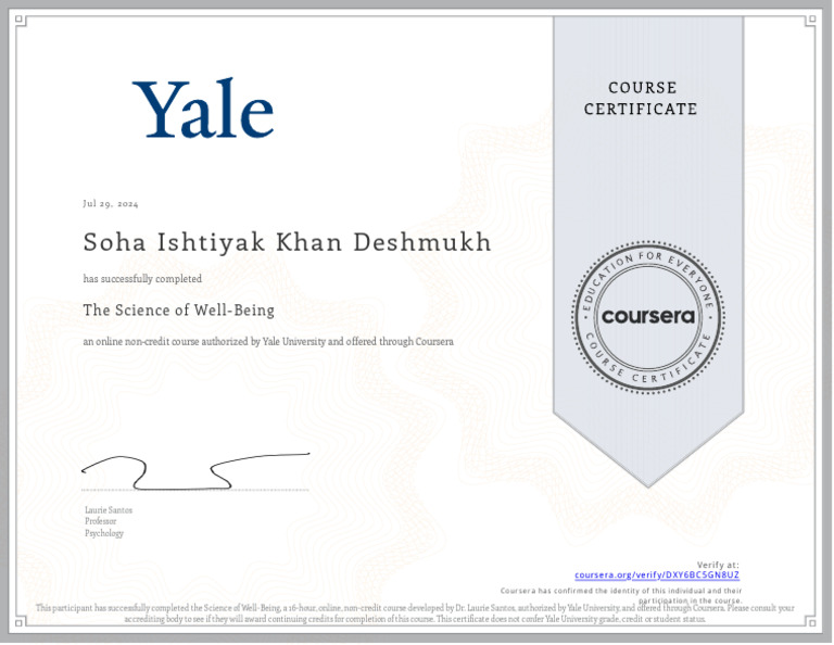 The Science of Well-Being Certificate | PDF