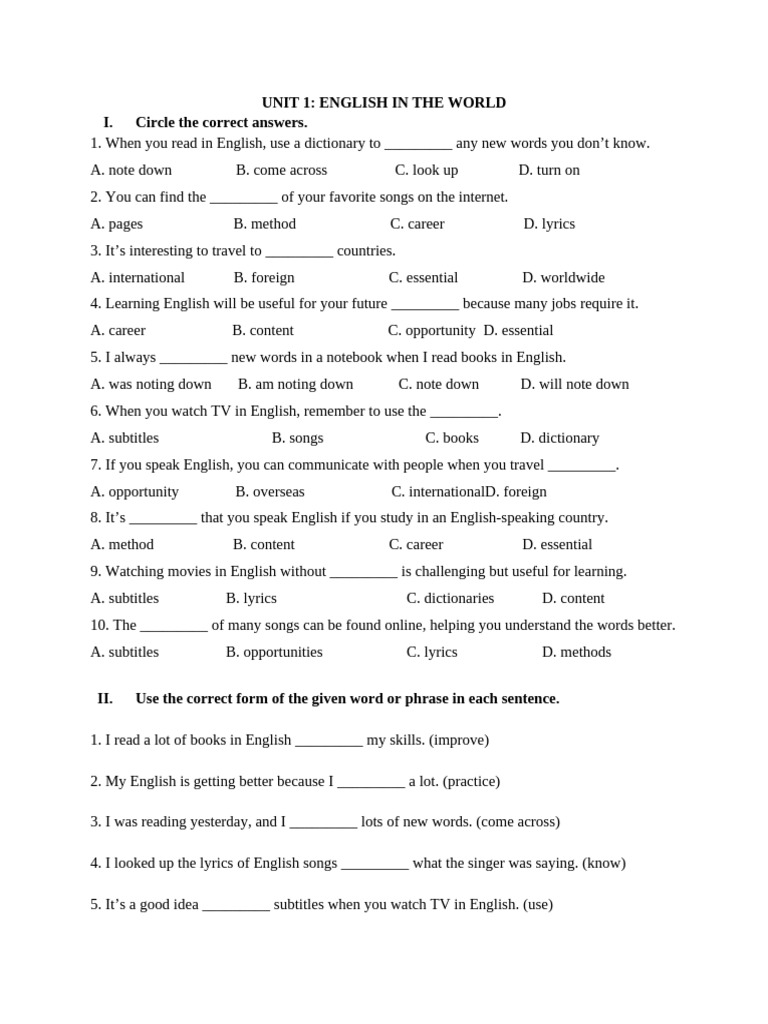 Unit 1: English in the World Exercises | PDF | English Language | Human ...