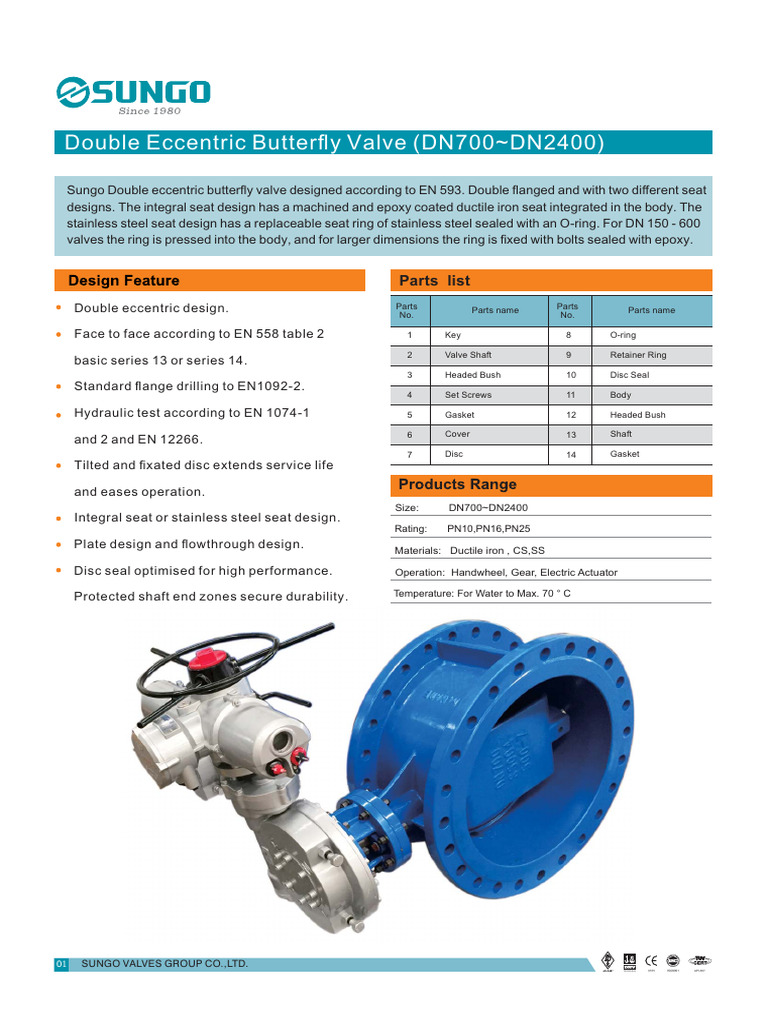 05B-SUNGO Double Eccectric Butterfly Valves - DN700-2400 | PDF