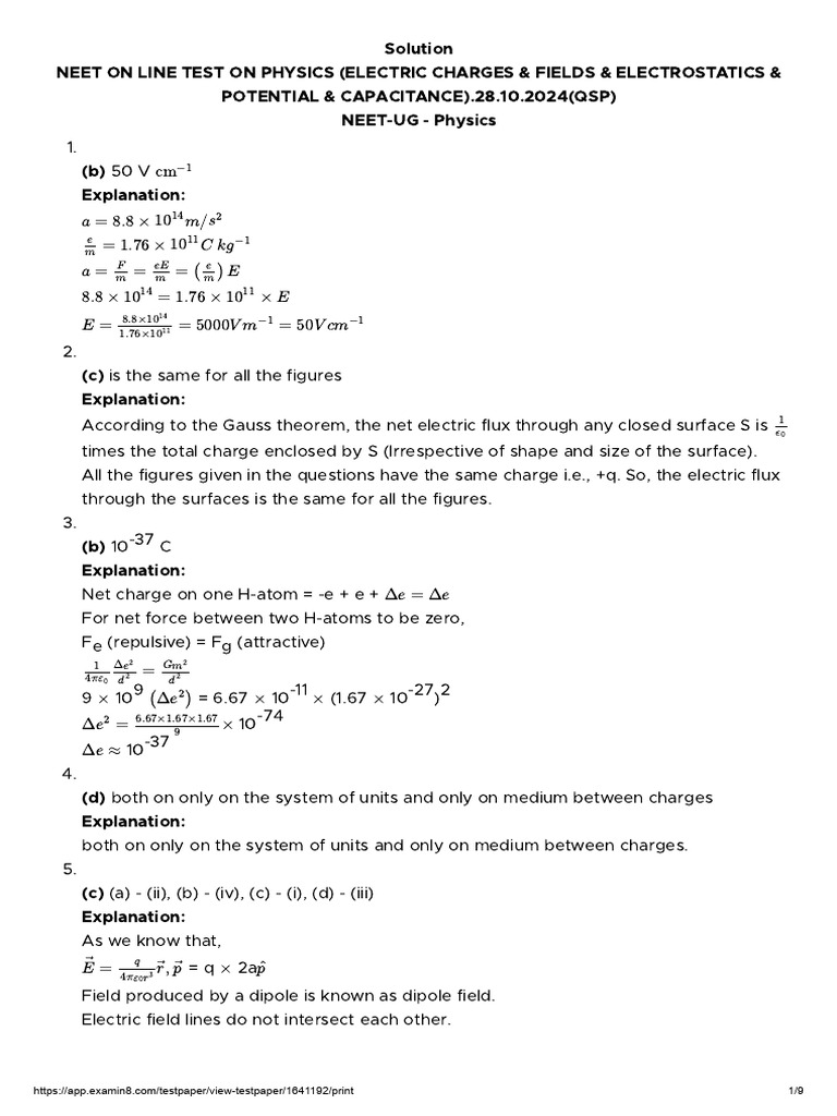 Neet On Line Test On Physics (Electric Charges & Fields ...
