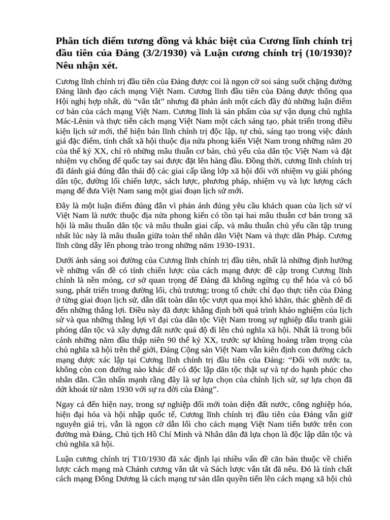 Phân tích điểm tương đồng và khác biệt của Cương lĩnh chính trị đầu tiên của Đảng (3/2/1930) và ...