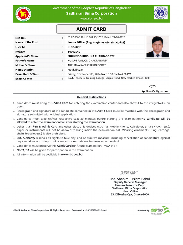 Admitcard SBC Kl3g586f | PDF