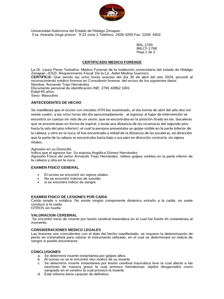 Informe Medico Forense | PDF | Cerebro | Especialidades Medicas