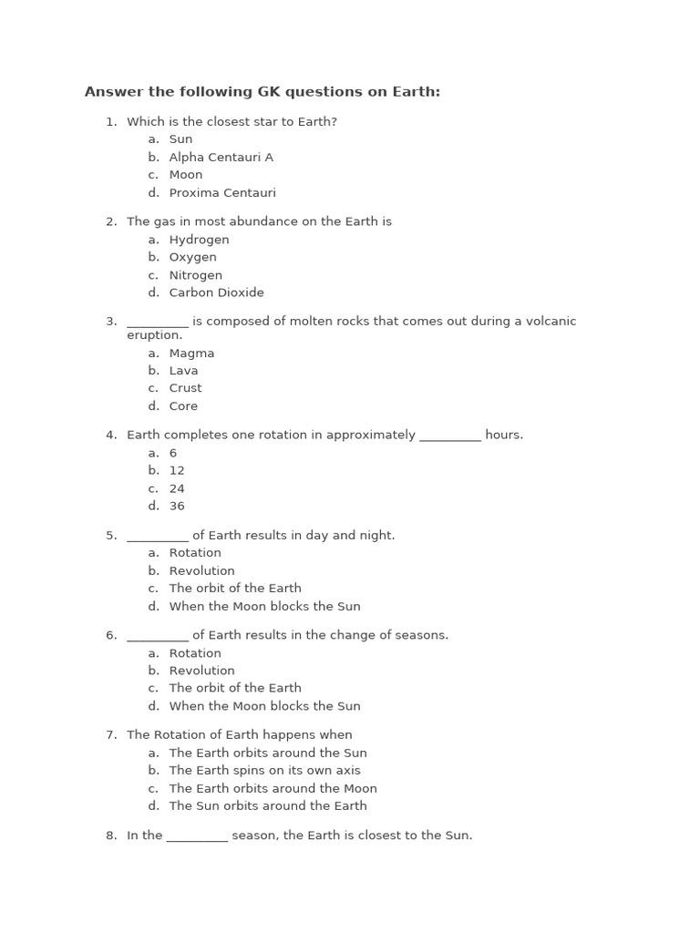 Earth GK Questions and Answers | PDF | Science & Mathematics
