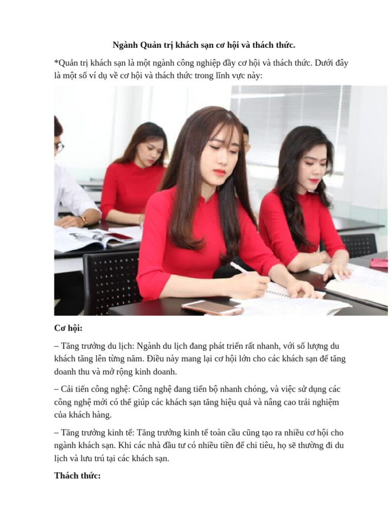 Ngành Quản trị khách sạn cơ hội và thách thức | PDF