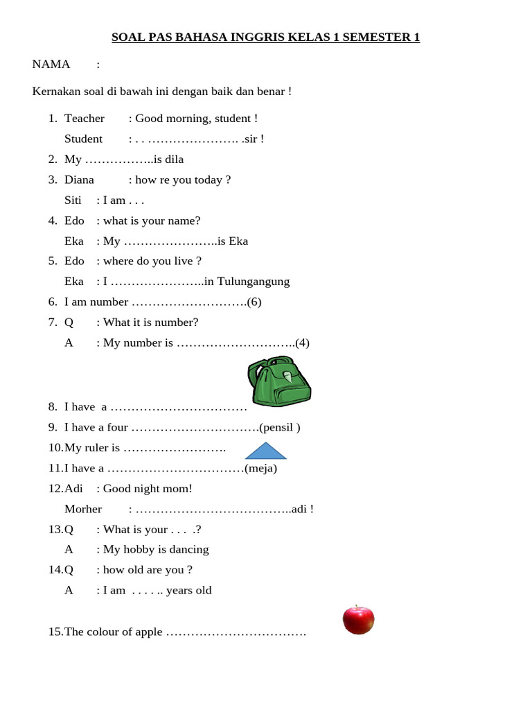 Soal Pas Bahasa Inggris Kelas 1 Semester 1 | PDF | Art