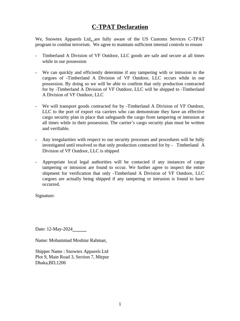 CTPAT Sample | PDF