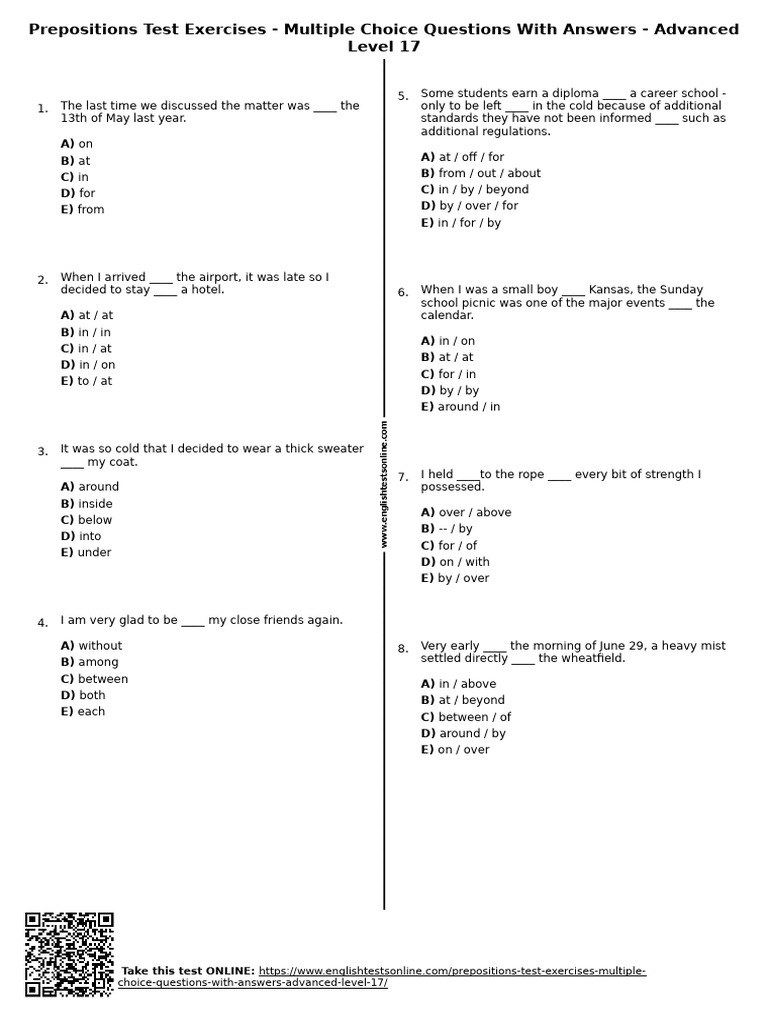 516 - Prepositions Test Exercises Multiple Choice Questions With ...