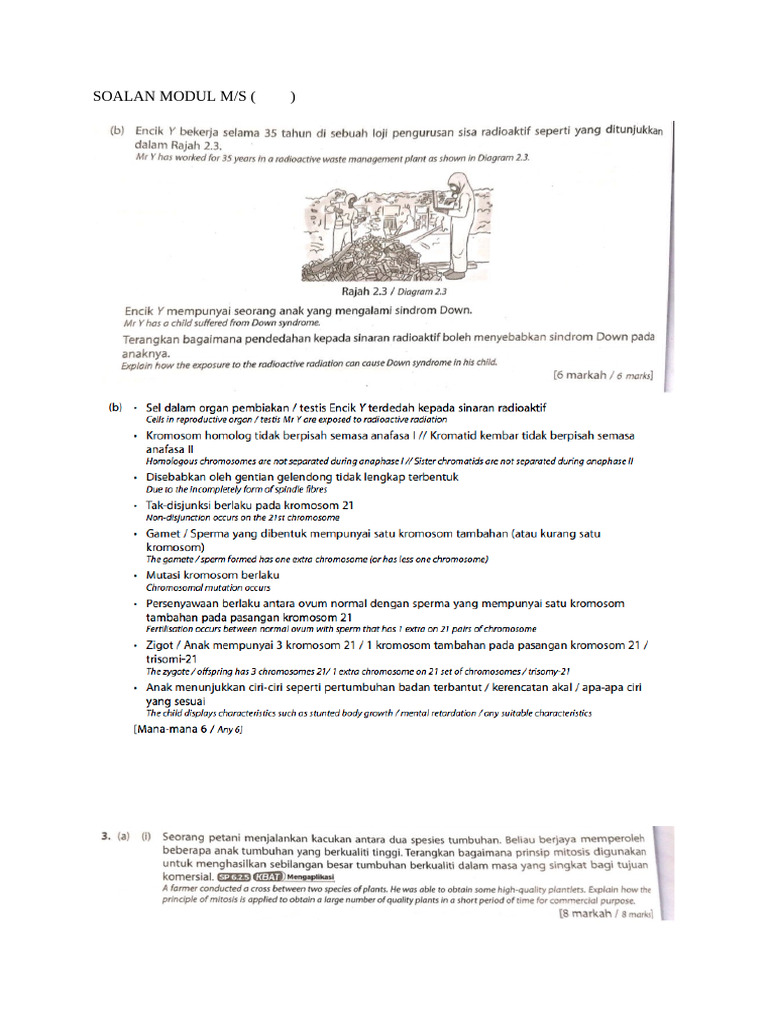 Skema Jawapan Esei Dalam Modul Bab 6 (Pembahagian Sel) | PDF