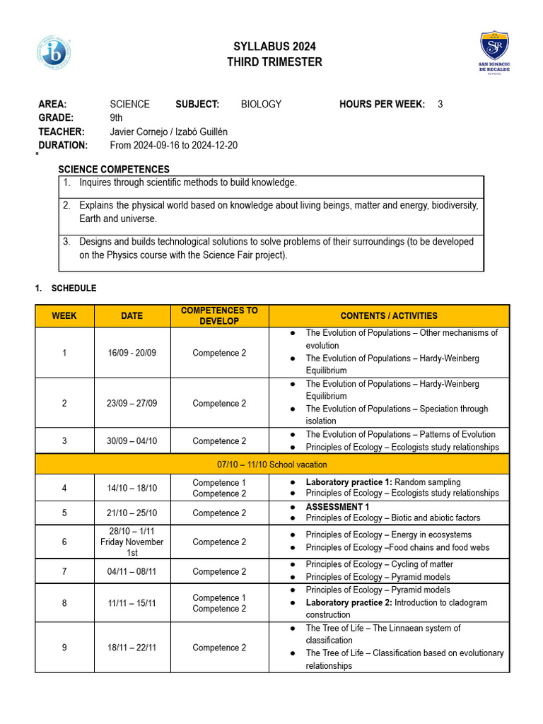 Biology 9th Grade Syllabus 2024-III | PDF | Ecology | Evolution