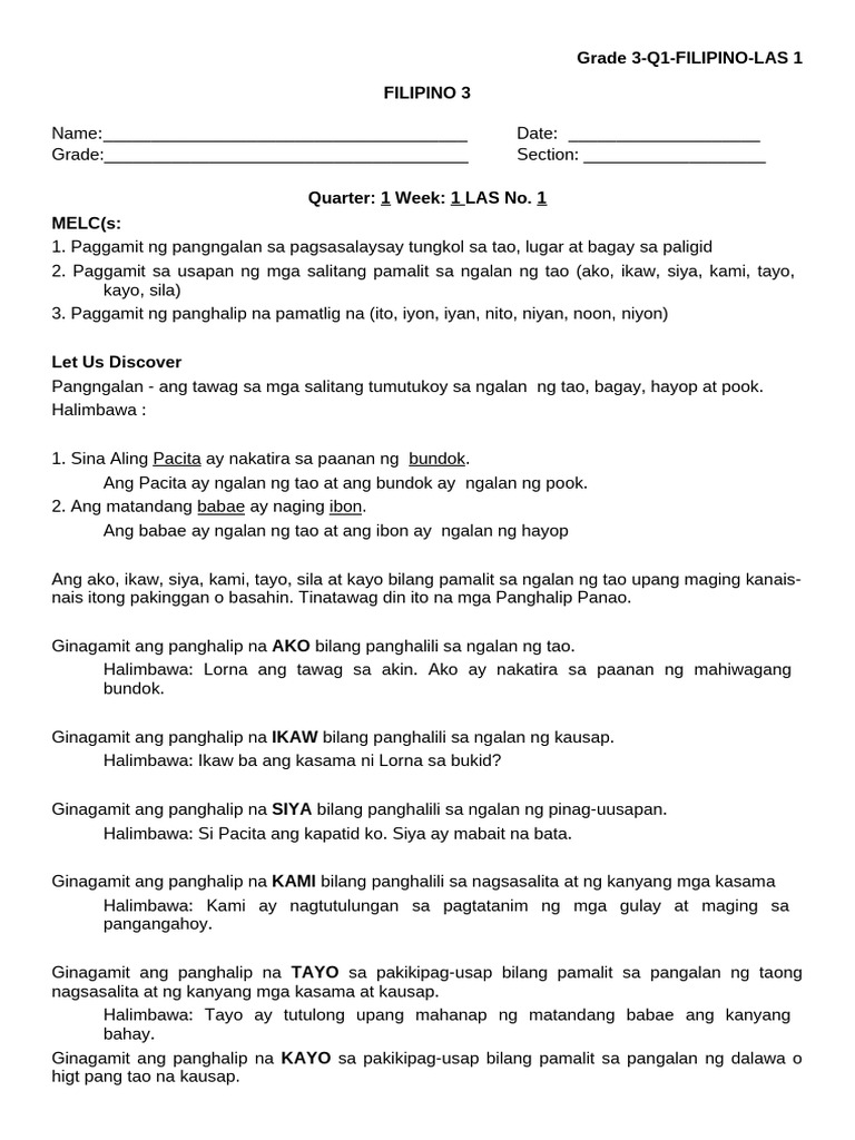 Grade 3-Q1-FILIPINO-LAS 1 | PDF