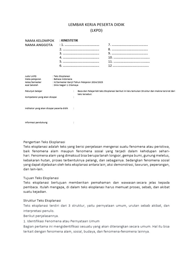 Kelompok Kinestetik LKPD Teks Eksplanasi | PDF