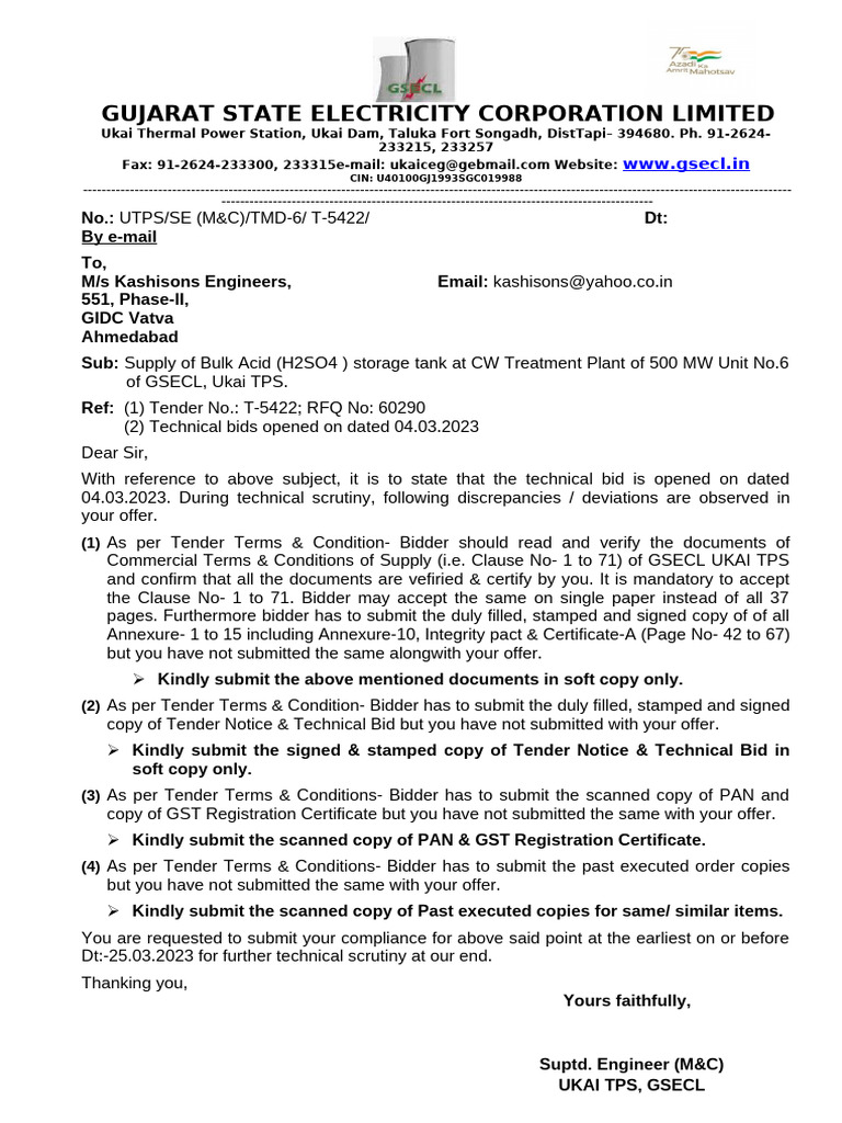 GSECL Tender Compliance Request for H2SO4 Tank | PDF | Technology & Engineering