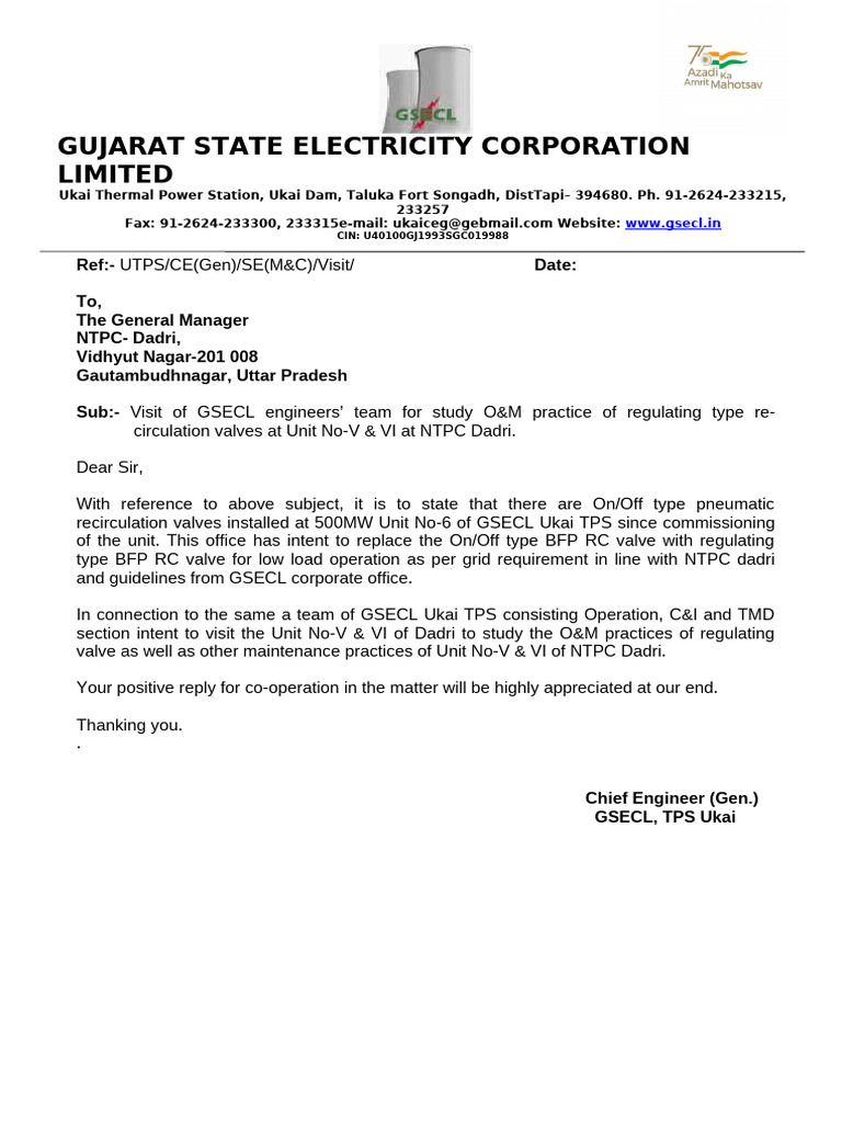 Letter To NTPC Dadri For Visit of BFP RC Valve - 1 | PDF