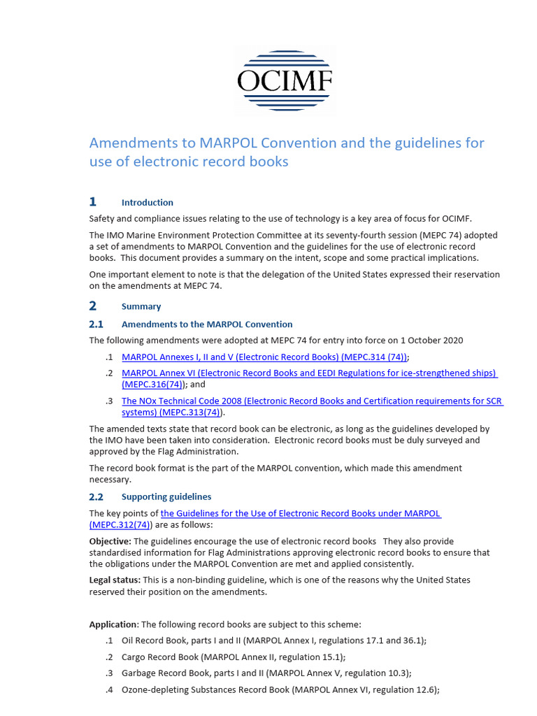 Amendments To MARPOL Convention and The Guidelines For Use of ...