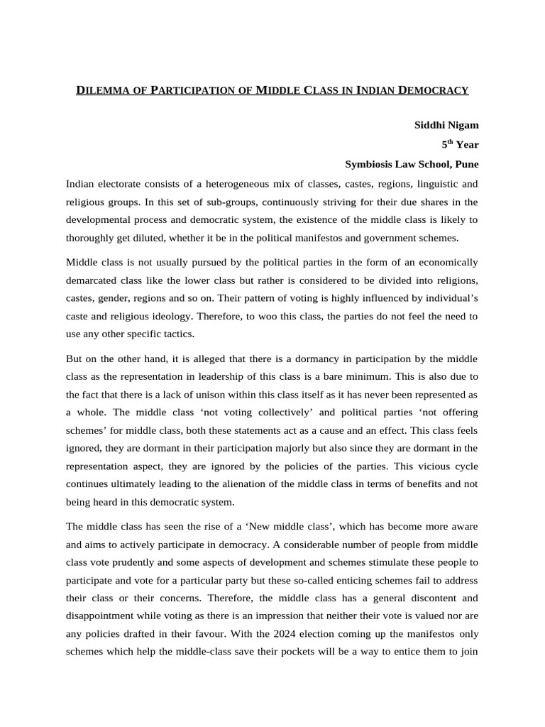 Dilemma of Participation of Middle Class in Indian Democracy. | PDF ...