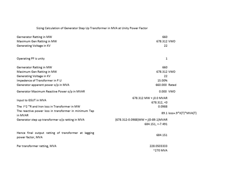 GT Sizing Calculation For Unity PF | PDF