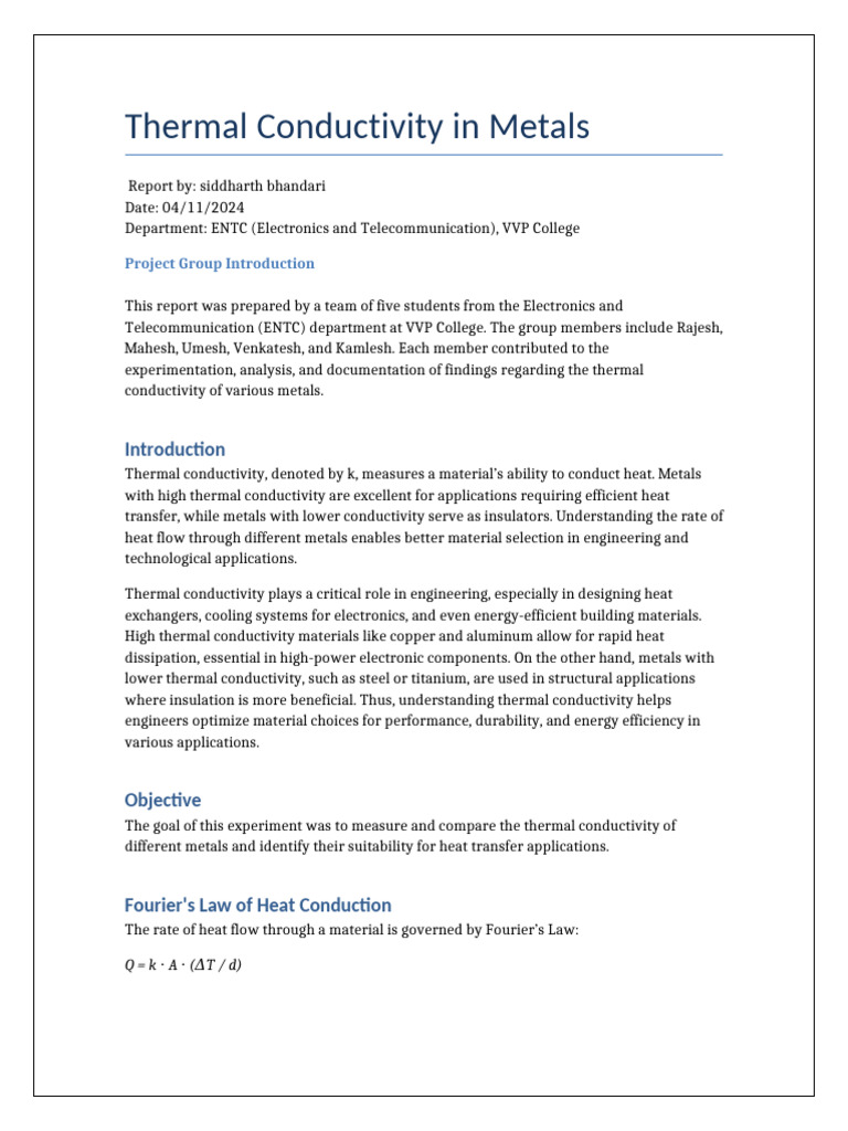 Thermal Conductivity Report (1) (1) | PDF | Metals | Heat Transfer