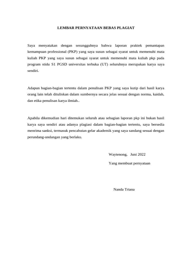 Lembar Pernyataan Bebas Plagiat Nanda 3 | PDF