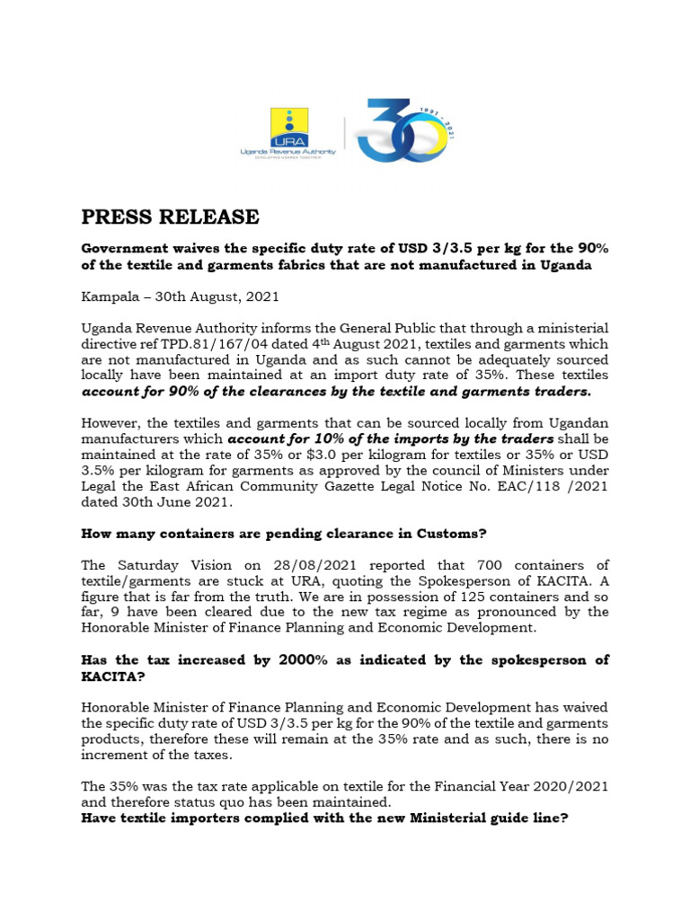 Uganda Waives Textile Import Duties | PDF | Textiles | Uganda