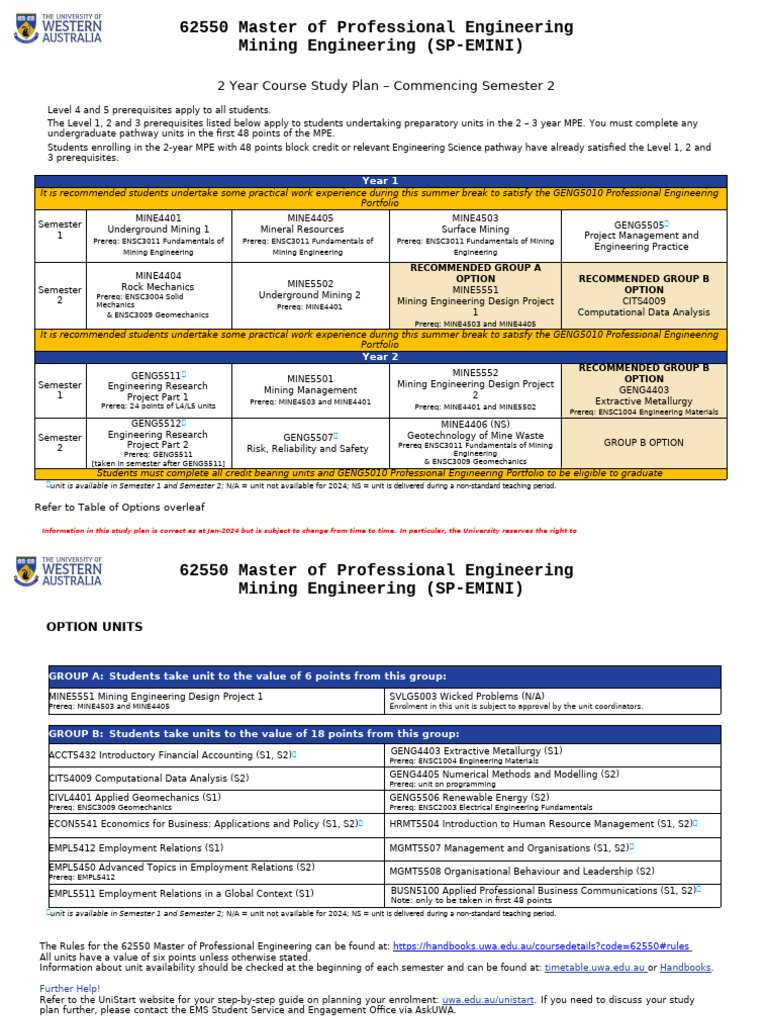 Mining Engineering SEM-1 - 62550 MPE-EMINI 2 Year Study Plan | PDF | Mining | Engineering
