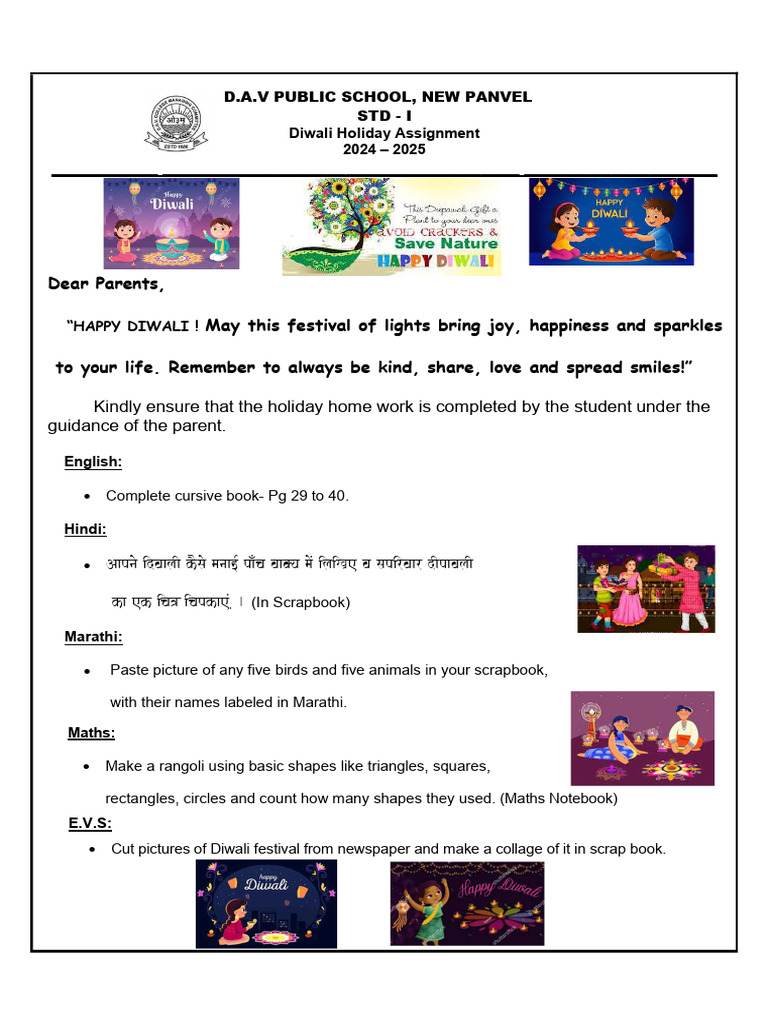 STD - 1 Diwali Assignment | PDF